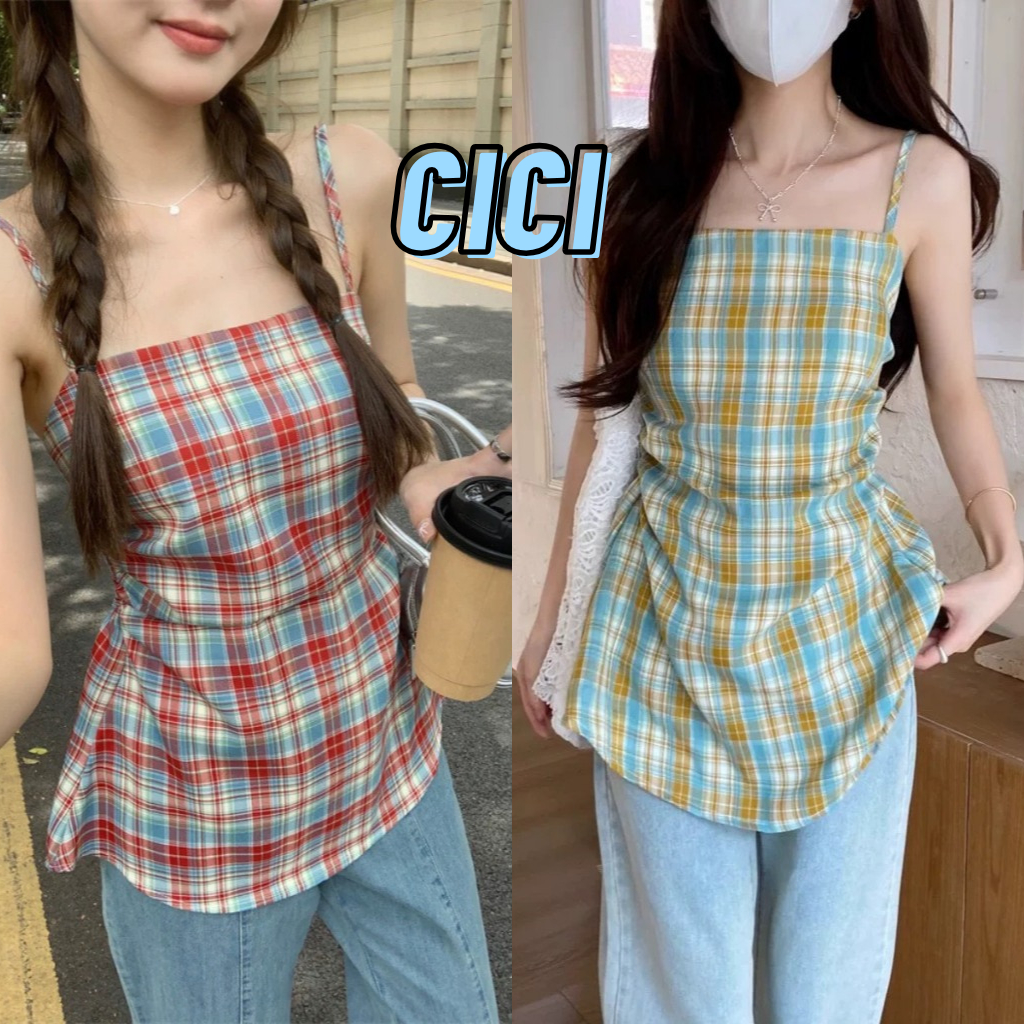 Cici(NO.Y6129) เดรสสายเดี่ยว ดีเทลสม็อคด้านหลังสายสามารถปรับได้ ลายสก๊อตน่ารักๆ | Shopee Thailand