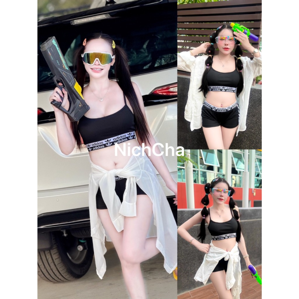 ์Nicha Set3ชิ้น - เสื้อสายเดี่ยวแต่งขอบยาง - กางเกงขาสั้นแต่งขอบยาง - เสื้อคลุม | Shopee Thailand