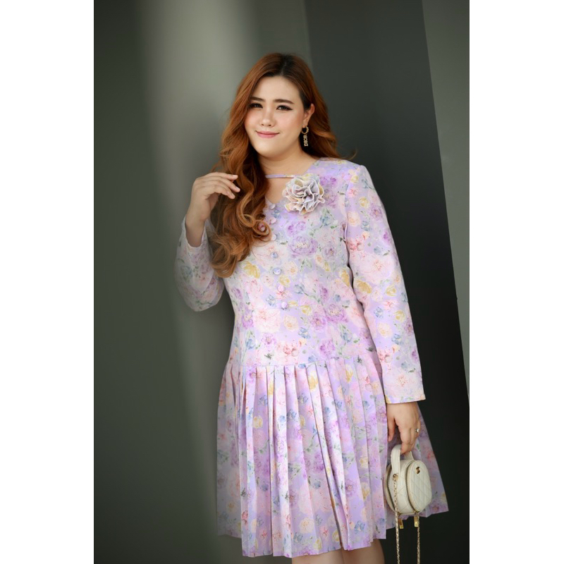 DR337 เดรสระบายลายดอกสีม่วง คนอ้วน ไซซ์ใหญ่ dress plussize | Shopee Thailand