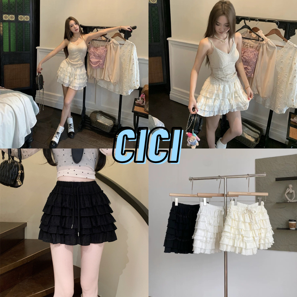 Cici(NO.2521) กระโปรงสั้นผ้าฝ้าย เอวสม็อค เชือกปรับสายได้มีซับใน แต่งระบายชั้นเลเยอร์ สไตล์สาว ...