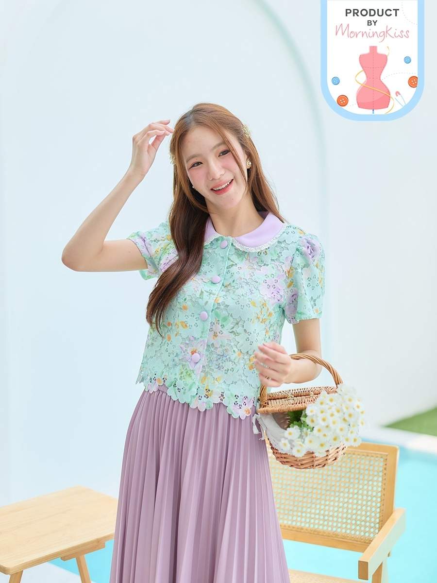 01-345 เสื้อลูกไม้สีเขียวมิ้นท์สดใสคู่กับสีม่วงละมุน Ivy Mint Lace Blouse - 7 ไซส์ | Shopee Thailand