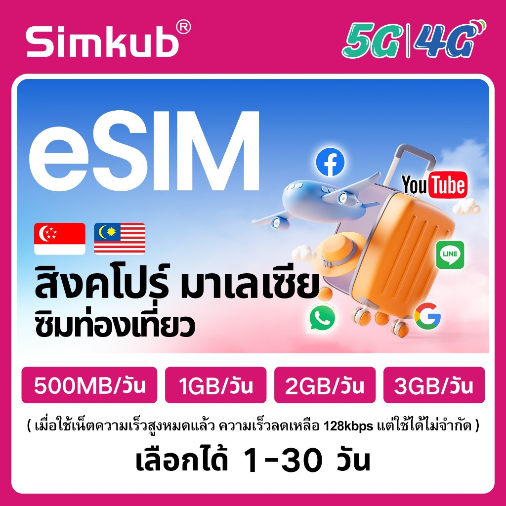 eSIM Singapore&Malaysia ซิมท่องเที่ยว สิงคโปร์ มาเลเซีย เน็ต 500MB-3GB/วัน รองรับ 5G/4G เลือกได้ ...