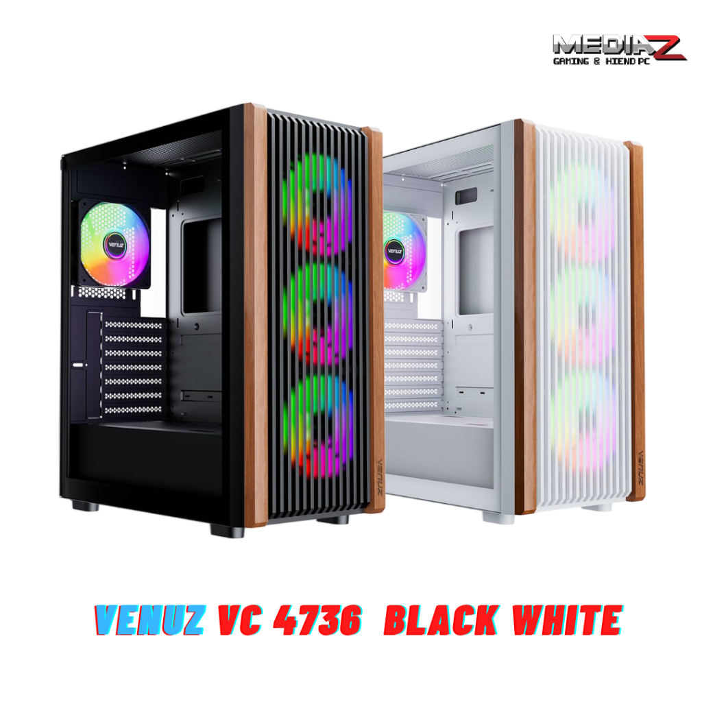 เคส VENUZ ATX สีดำ ขาว แถมพัดลม RGB สีรุ้ง 4 ตัว ฝากระจกนิรภัย Venuz VC ...
