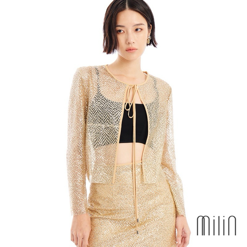 MILIN เสื้อคลุม ตาข่ายกลิตเตอร์คอกลมผูกโบว์เสื้อแจ็คเก็ต [MILIN] Rare Jacket Open front bow tie ...