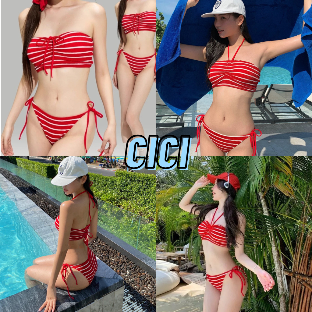 Cici(NO.J2062) ชุดว่ายน้ำมินิ Set 2 ชิ้น ผ้าไหมพรม เย็บซับในให้ สีพื้นลายทาง บรามีฟองน้ำเชือก ...