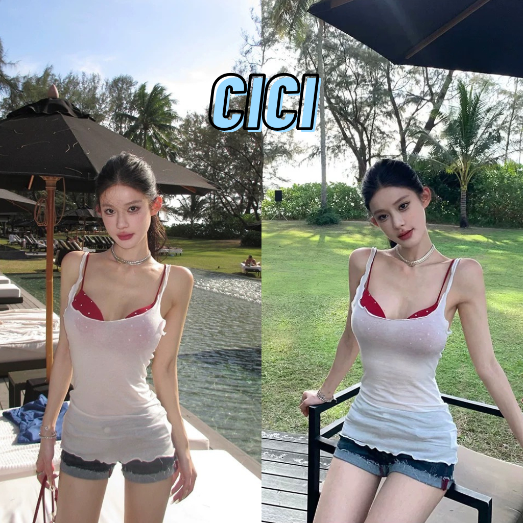 Cici(NO. J2052) Set 2 ชิ้น เสื้อกล้าม+บราลายจุดมีตะคอหลัง ใส่ไปทะเลเล่นน้ำเก๋ๆ | Shopee Thailand