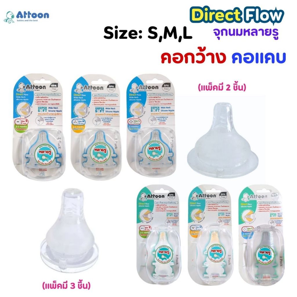 จุกนม Direct Flow จุกนมAttoon แอทตูน คอแคบ(แพ็ค2ชิ้น) คอกว้าง(แพ็ค3ชิ้น) ไซส์ S,M,L รุ่นควบคุม ...