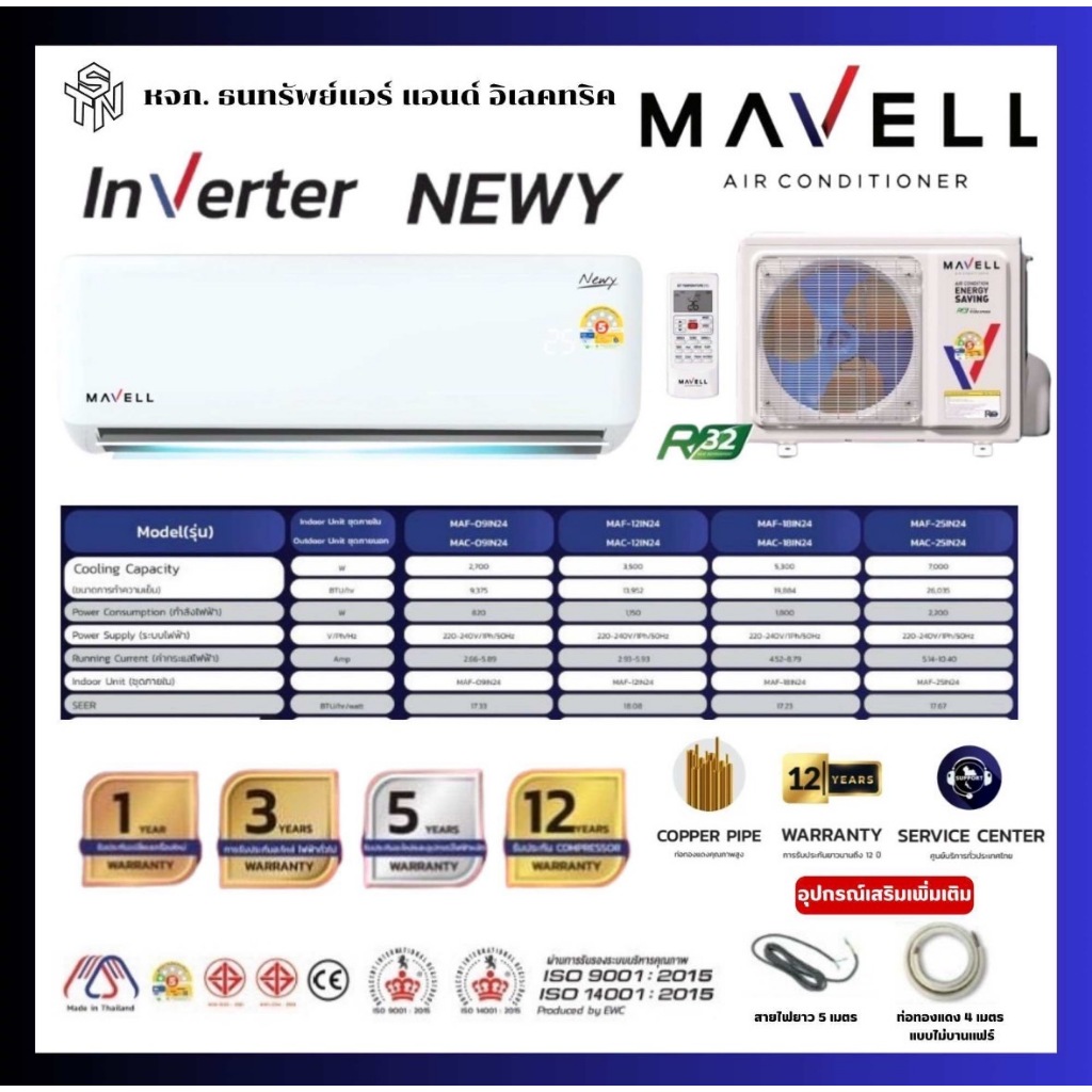 MAVELL แอร์ MAF-25IN24 / MAC-25IN24 ขนาด 26,035 BTU รุ่น Inverter NEWY ...
