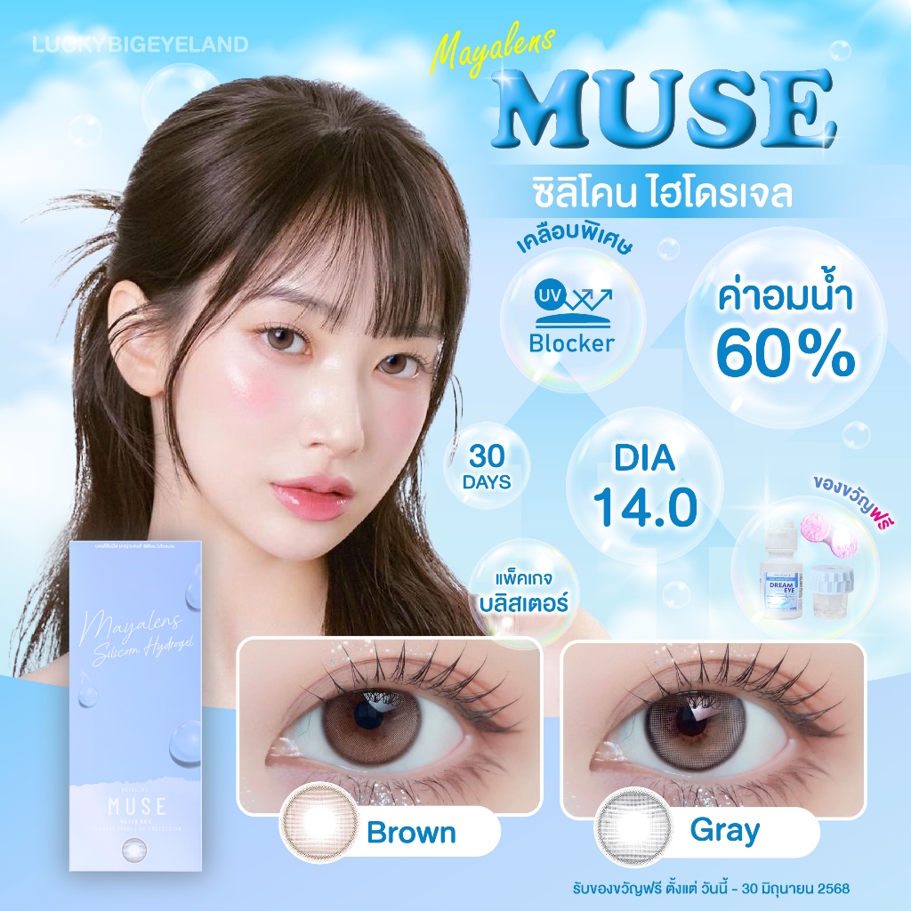 Premium Lens รุ่น Muse Brown/Gray ซิลิโคนไฮโดรเจล 💙 คอนแทคเลนส์ ค่าอมน้ำ 60 เลนส์นิ่ม กรองแสง ...