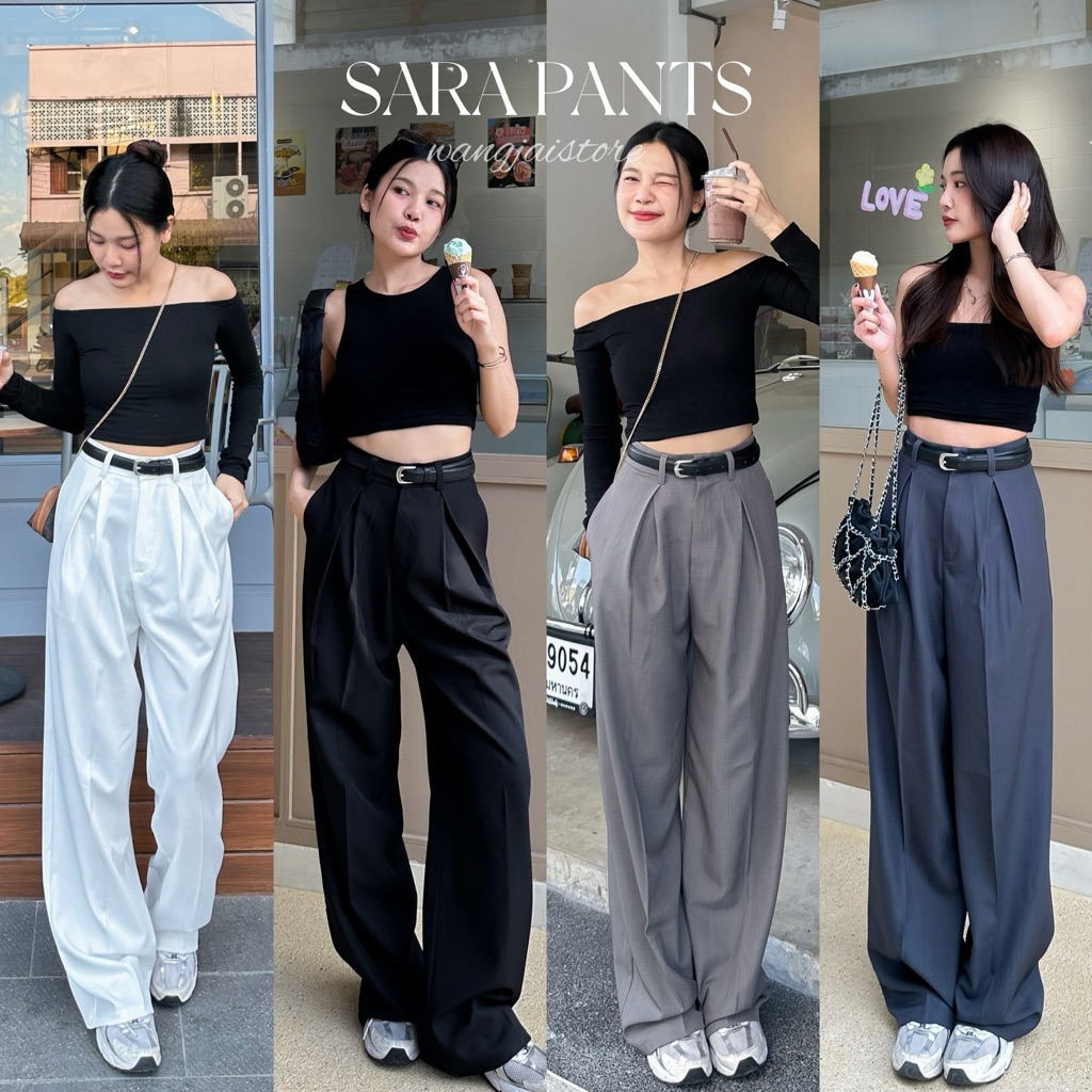 (พร้อมส่ง) Wangjai-𝗦𝗮𝗿𝗮 𝗣𝗮𝗻𝘁𝘀 กางเกงผ้าทรงกระบอกใหญ่ ดีเทลแต่งกระเป๋าหลอกด้านหลัง | Shopee Thailand