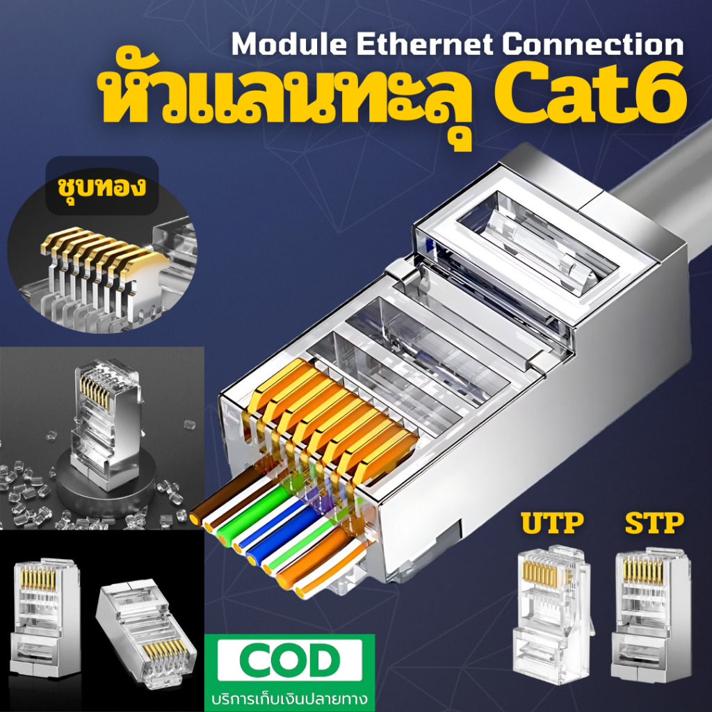 Cat6 หัวแลนทะลุ RJ45 เคลือบทอง 6U Cat6 Cat5e Cat5 แบบใสUTP แบบเหล็กSTP ...