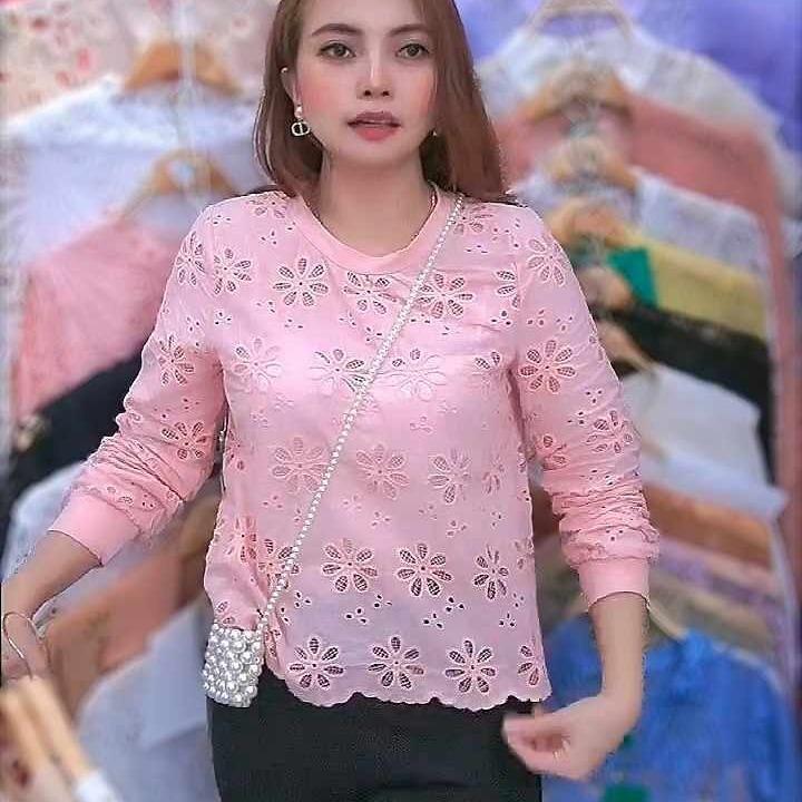 เสื้อฉลุลูกไม้คอกลมแขนยาว (รหัสb628) | Shopee Thailand