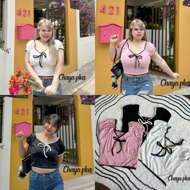 [OLIVE.PLUSSIZE พร้อมส่ง] เสื้อครอปรัดรูป เสื้อครอปสาวอวบ เสื้อเสื้อครอปคอวี แต่งลูกไม้รอบตัว อก ...