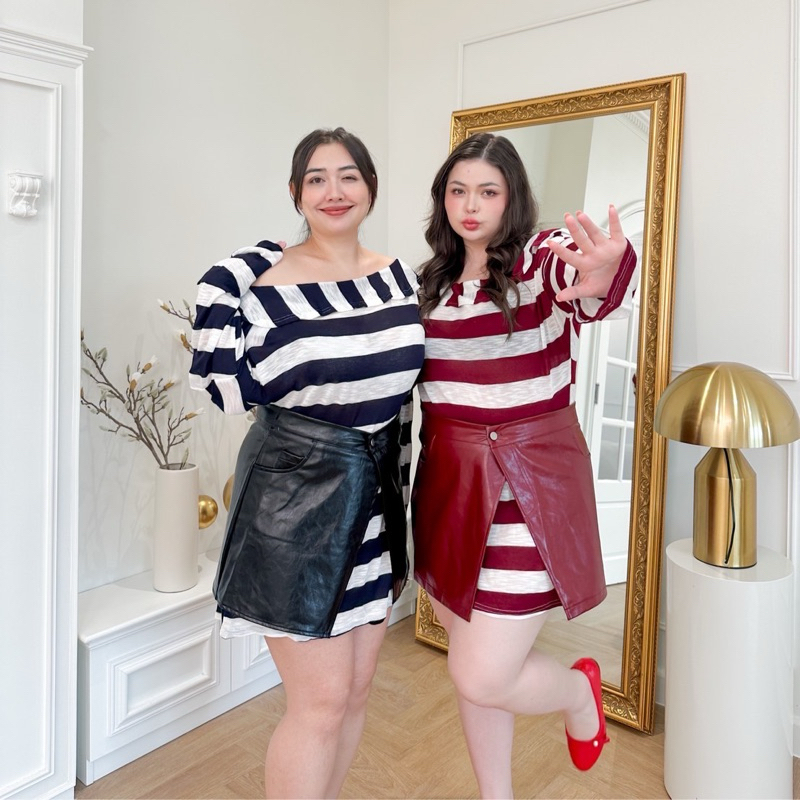 (DPWNAXU ลด 45.-) Lady M | Striped and leather set plussize ชุดเซ็ตลายทางและกระโปรงหนัง สาวอวบ ...