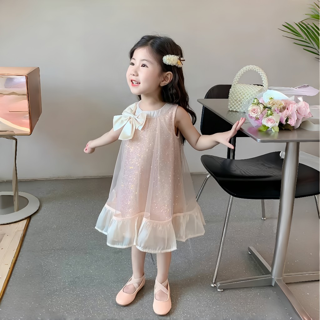 PRINCESS KESLI สไตล์เกาหลี ชุดเดรสเด็กผู้หญิง เดรสออกงาน แขนกุด ฟรุ้ง ...