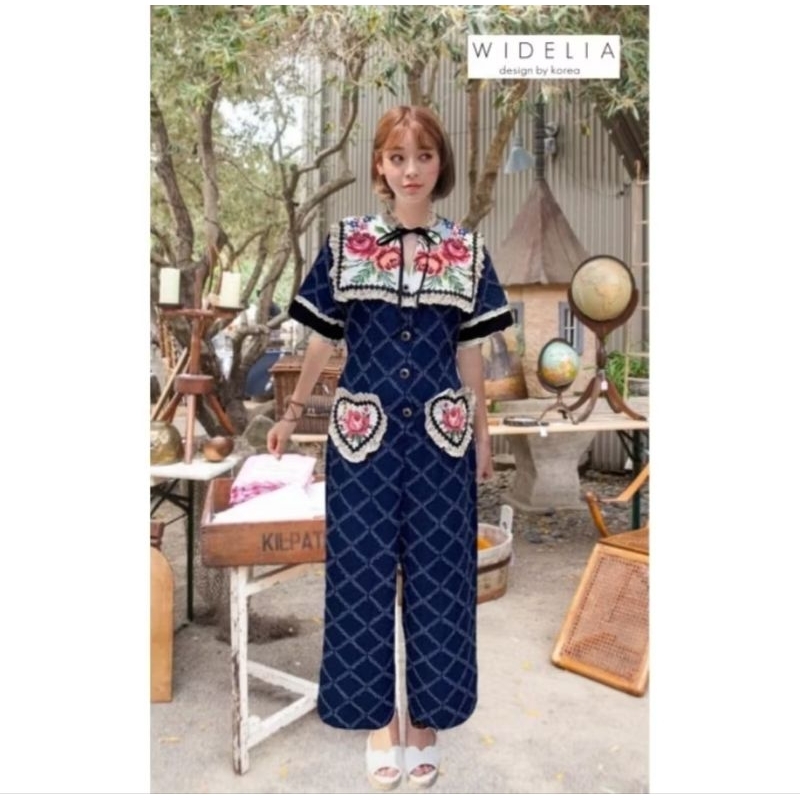 New - Widelia จั้มสูทวินเทจสียีนส์เข้ม ปักทั้งตัว | Shopee Thailand