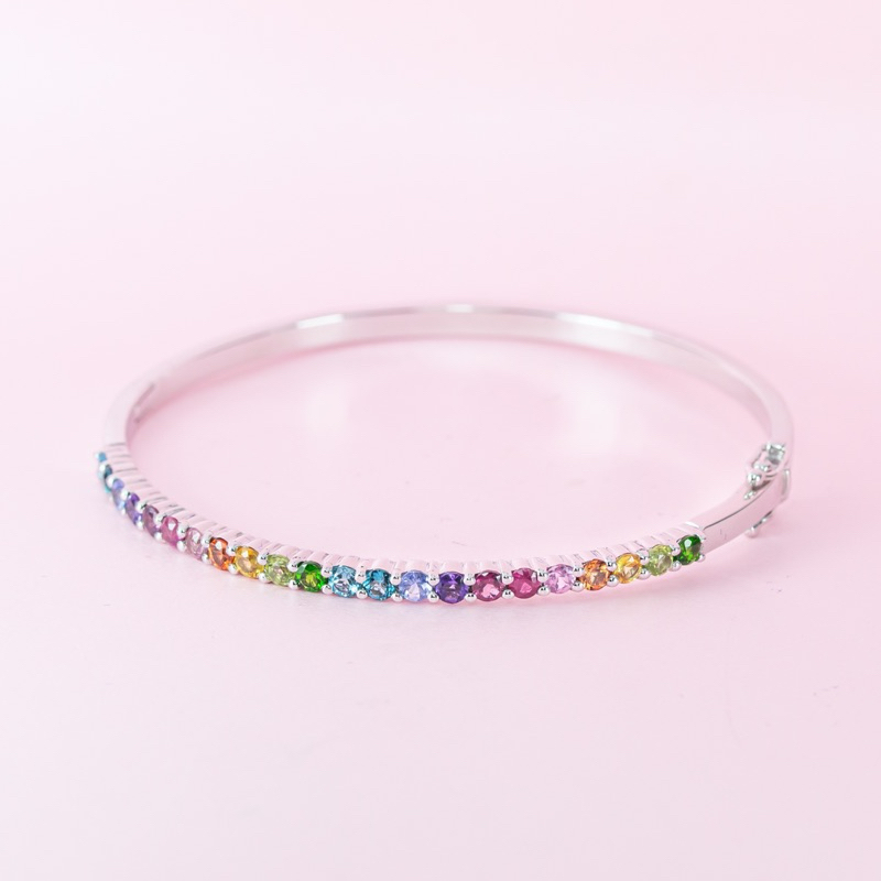 GOFF Jewelry กำไลเงินพลอยแท้ พลอยสีรุ้งขนาด 3 mm. ตัวเรือนเงินแท้925 ...