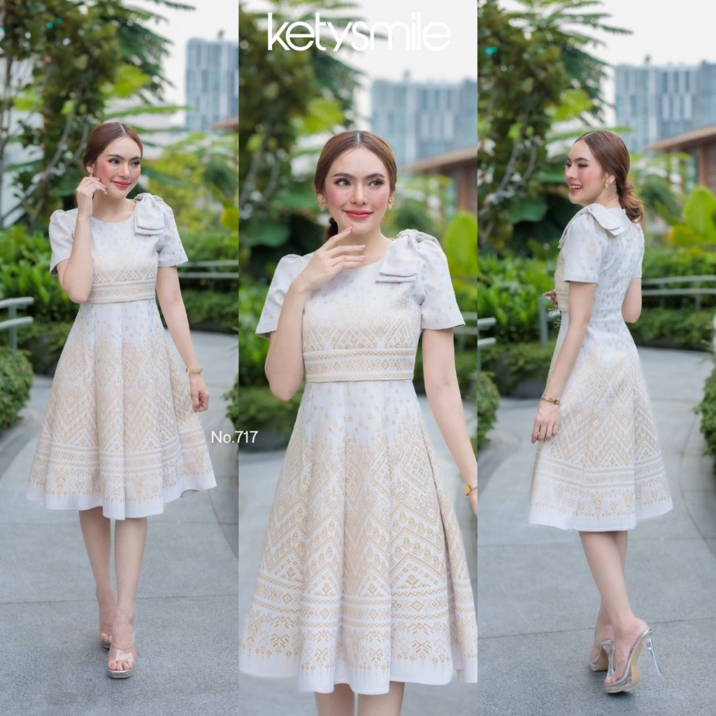Kety Smile เดรสผ้าทอลายเทียนหยด คอกลม ทรงครอปกั๊ก แต่งโบวไหล่ กระโปรงบาน 8 ชิ้น อัดกาวทั้งชุด ...