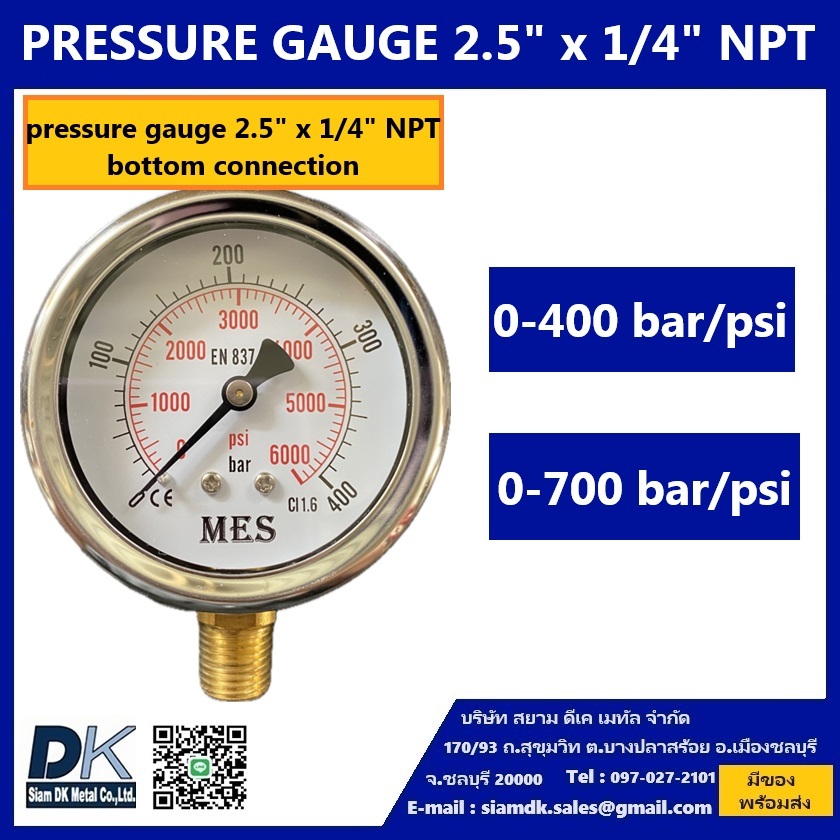 PRESSURE GAUGE หน้าปัด 2.5" x 1/4" NPT bottom connection (0-400bar/psi ...