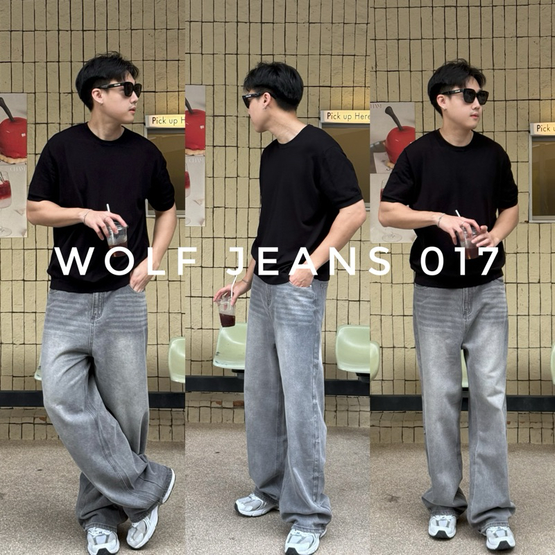 017 Wolf jeans (890.-) กางเกงยีนส์ผู้ชายทรงขากระบอกใหญ่ สีเทา ผ้ายีนส์ ...