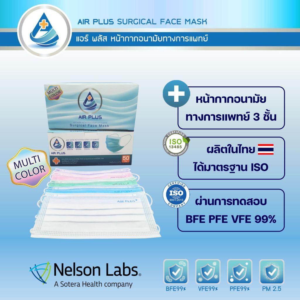 คละสีในกล่อง ผลิตในไทย มีอย.VFE BFE PFE 99% AIR PLUS MASK หน้ากากอนามัยทางการแพทย์ 3ชั้น ...