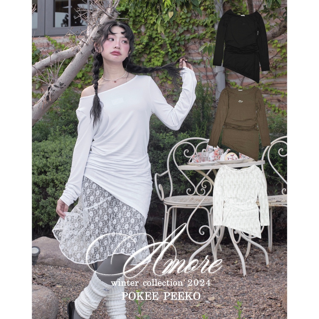 POKEE | AMORE เสื้อปาดไหล่ ทรงยาว ปลายตัดเฉียง มีสีพื้นเเละลูกไม้ (4color) *เฉพาะเเขนยาว ...