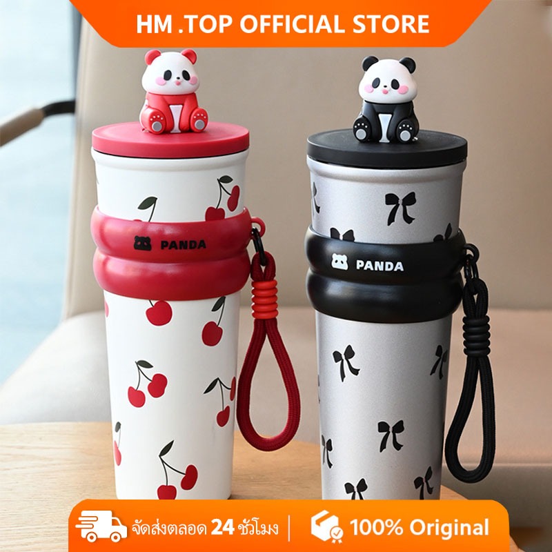 การ์ตูน Panda แก้วน้ำสแตนเลส 316 เคลือบเซรามิก ขนาด 700 มล. มีหลอดดูด พับเก็บได้ มีที่เก็บฝาหลอด ...