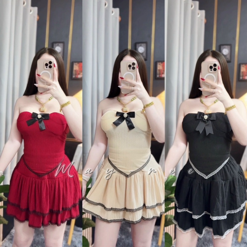 IV02ชุดเซต(เกาะอก)มีฟองน้ำ+กระโปรงระบายมีซับใน(ป้ายไอวี่)ผ้าท็อฟฟี่‼️แถมเข็มกลัดโบว์ | Shopee ...