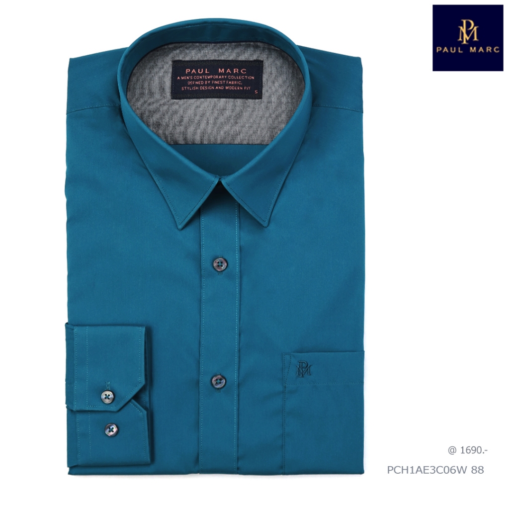 PAUL MARC เสื้อเชิ้ตแขนยาว สีเขียวนกยูง slim fit ผ้านุ่ม ใส่สบาย ไม่ ...