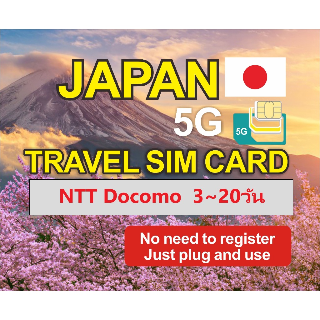 （NTT Docomo 5G/4G）Japan travel sim ซิมท่องเที่ยวญี่ปุ่น ไม่ต้องลงทะเบียน เสริมทุกวัน10GB/3GB 3 ...