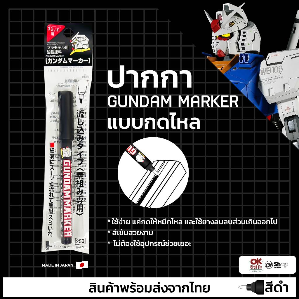 (พร้อมส่งทันที) ปากกาตัดเส้นจิ้มหรือกดไหลสีดำ GM301 (Gundam Marker ...