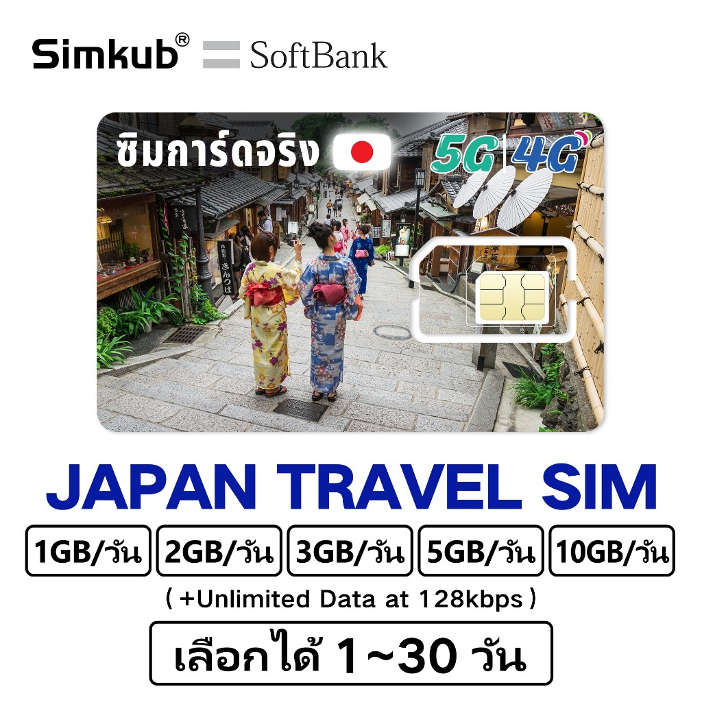 JAPAN SIM เครือข่าย SoftBank ซิมท่องเที่ยวญี่ปุ่น 5G/4G อินเตอร์เนต 1GB-10GB/วัน เลือกได้ 1-30 ...