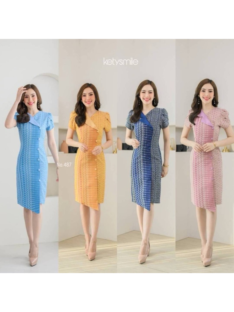 N487 ชุดเดรสผ้าทอลาย แต่งปกผ้าไหม กระดุมปั๊มหลอกติดยาว | Shopee Thailand