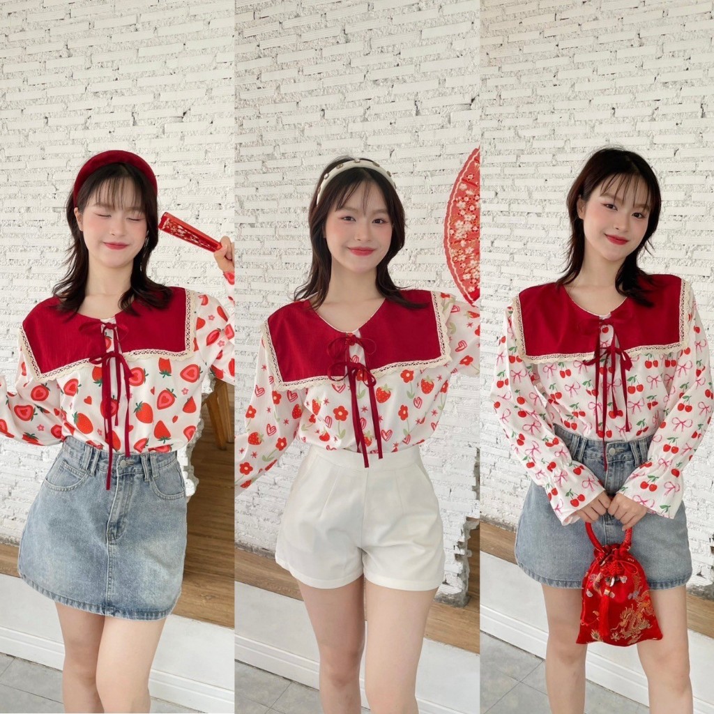 เสื้อแขนยาว ปกแดงแต่งลูกไม้ ผ้าครัชพิมพ์ลาย #FF72 | Shopee Thailand