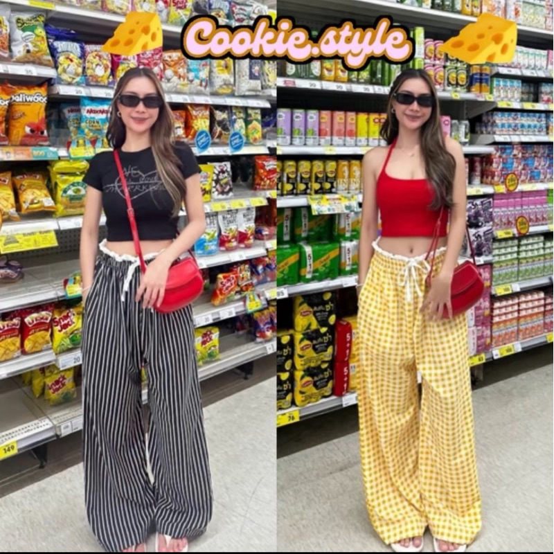 cheese pants กางเกงขายาวผ้าไหมญี่ปุ่นขอบเอวชีส มีเชือกรูด กระเป๋า2ข้าง ...
