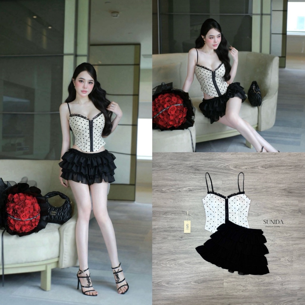 SUNIDA BRAND SND016 ชุดเซต 2 ชิ้น เสื้อสายเดี่ยวพิมพ์ลายจุด แมทช์กับ กระโปรงสั้น | Shopee Thailand