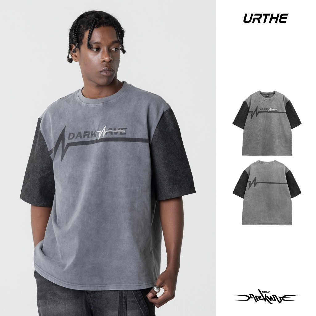 URTHE - เสื้อยืด Oversize Col. DARKWAVE รุ่น DW ACID DENIM SILVER CHROM LOGO TEE | Shopee Thailand
