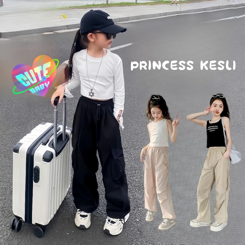PRINCESS KESLI กางเกงคาร์โก้เด็ก ขายาวกว้าง สไตล์กีฬา ฮิปฮอปลำลอง ทรง ...