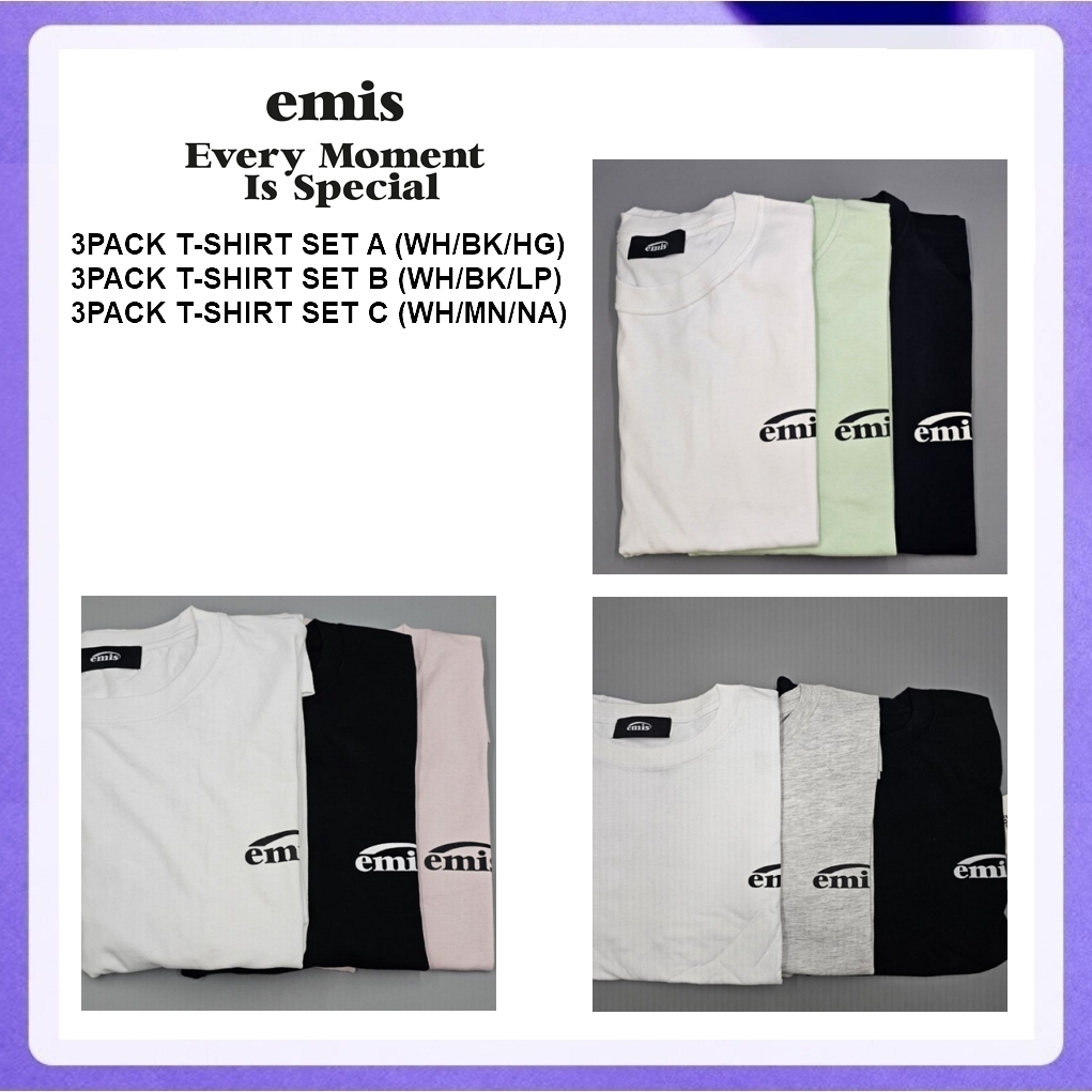 Emis 3Pack T-Shirt Set A (WH/BK/HG) / Set B (WH/BK/LP) / Set C (WH/MN/NA) | Shopee Thailand
