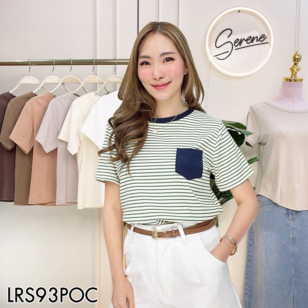 Serene's Choice เสื้อคอกลม ผ้าร่องลายทาง แต่งกระเป๋าหน้า Pocket and Striped Short Sleeves T ...