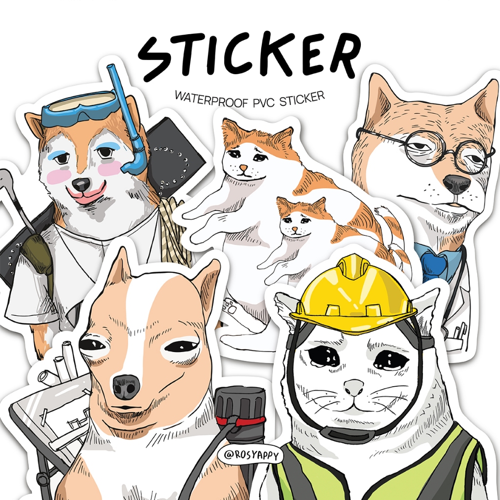 STICKER - สติ๊กเกอร์ PVC กันน้ำ เนื้อด้าน มีม หมาแมวน่ารัก Mischievous ...
