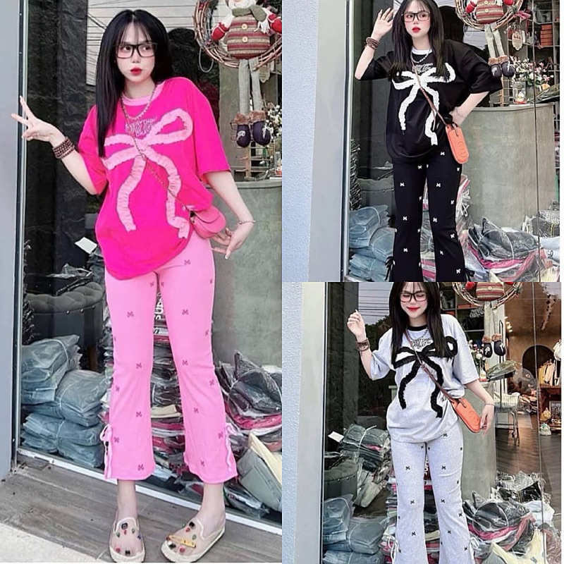 เซ็ตโบว์ใหญ่ 2ชิ้น เสื้อใหญ่+กางเกงพิมพ์ลายโบว์สุดน่ารัก สวยสไตล์หวาน ...