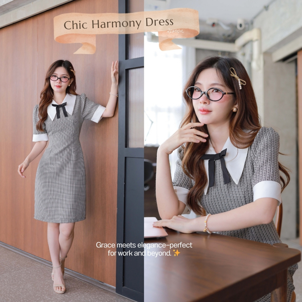 Romi"Oil" Chic Harmony Dress (Black) K134 ชุดเดรสสีดำ (คอปกขาวแต่งโบว์ดำ) | Shopee Thailand