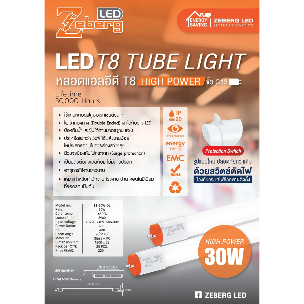 Zeberg หลอดเเอลอีดี T8 HIGH POWER ขั้ว G13 LED TUBE LIGHT | Shopee Thailand