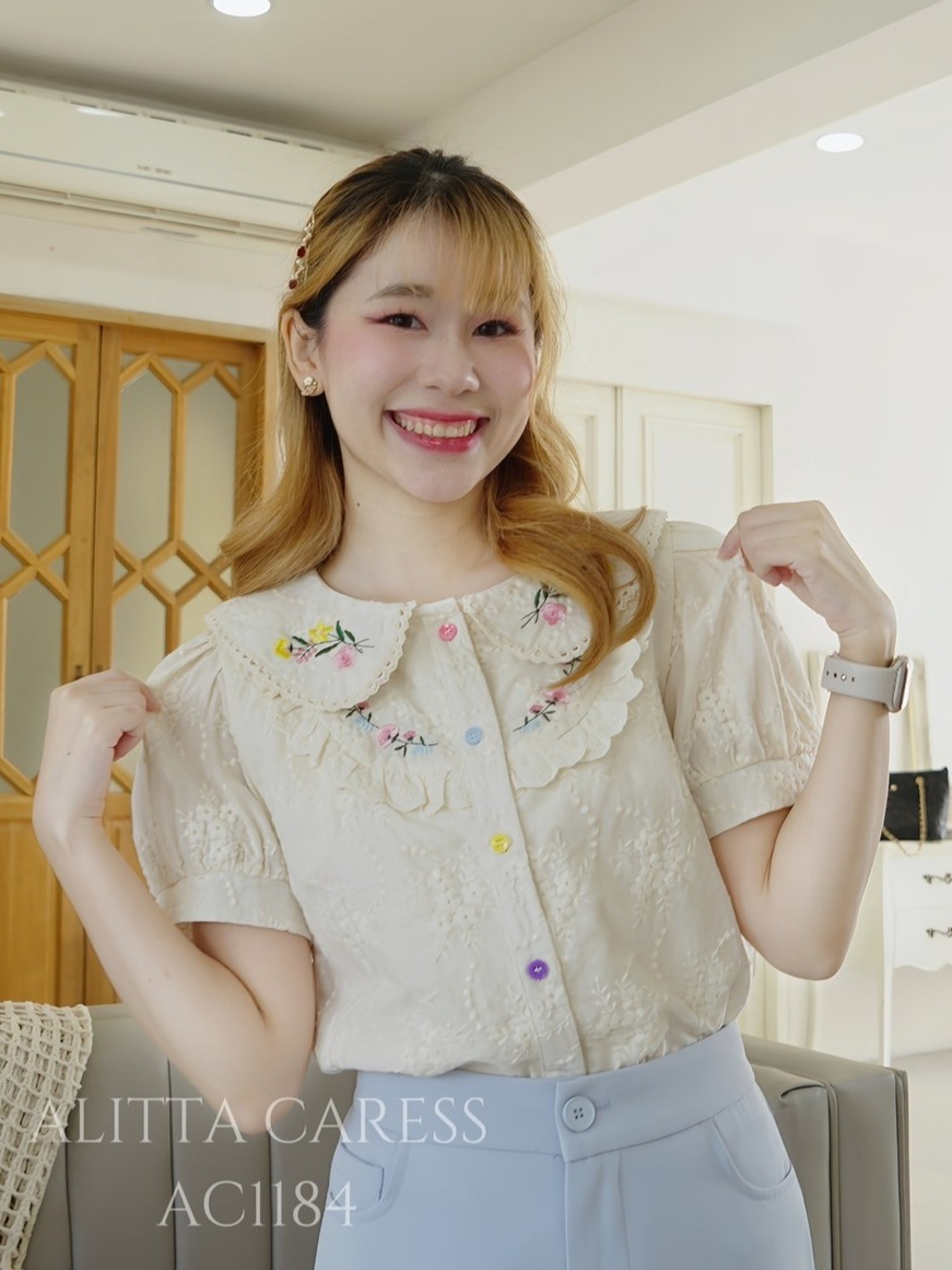 ALITTA CARESS :AC1184 เสื้อฉลุสีครีม ปกคอบัวปักดอกไม้ ละมุนละไมเเละcolorfulกันได้อย่างลงตัว ...