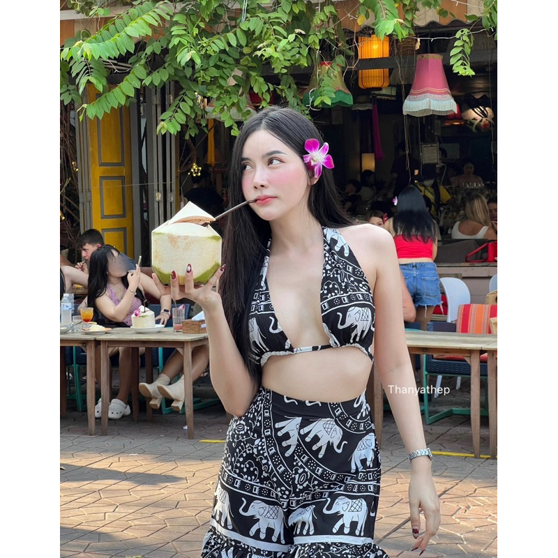 Phapassz - Setน้องช้าง2ชิ้น เหมาะกับซัมเมอร์ บราลายช้างมาพร้อมกางเกงแต่งระบายขนมชั้น Thanyathep ...