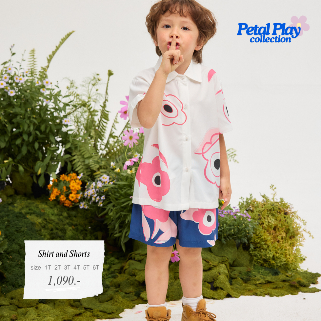 Tilly Milly เสื้อเชิ้ต กางเกงขาสั้น (เด็กผู้ชาย) ลายดอกไม้สีขาว - Petal ...