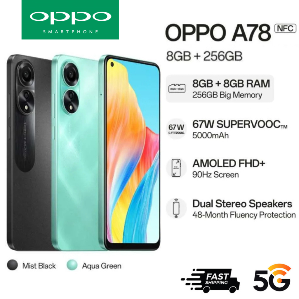 ประกันศูนย์ไทย OPPO A78 5G (8+256GB) โทรศัพท์มือถือ หน้าจอ FHD+ AMOLED ...