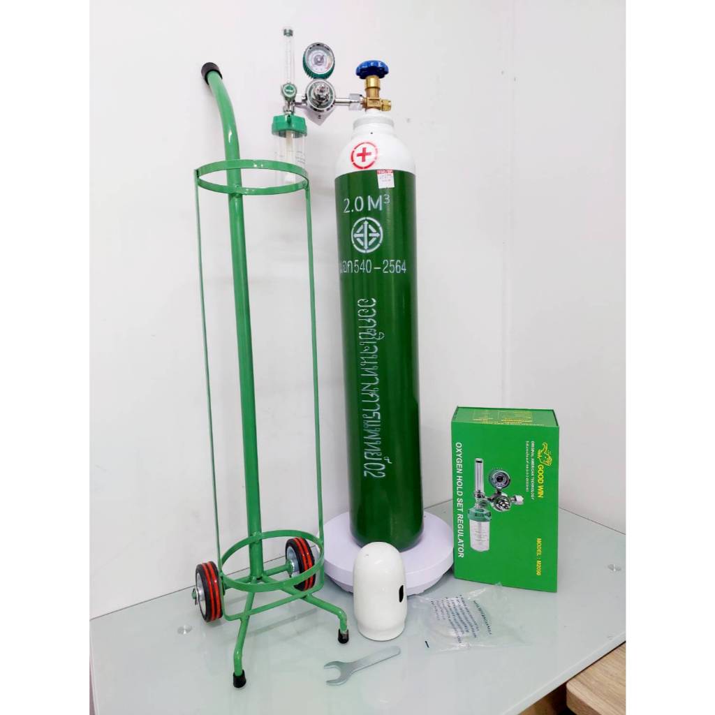 ถังออกซิเจน ขนาด 2 คิว พร้อมเกจ์หายใจ GOODWIN และรถเข็น ชุดหายใจสำหรับ ...