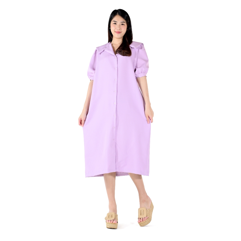 YADA.life ชุดเดรส แขนสั้น คอวี ปกทหารเรือ สีทึบ กระเป๋าข้างฟรีไซด์ ...